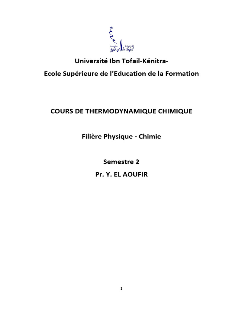 Cours de Thermodynamique Chimique | PDF | Thermodynamique | Équilibre ...