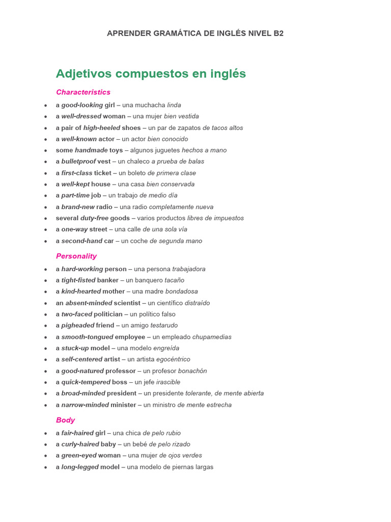 Adjetivos Compuestos En Inglés Pdf Grammar Linguistics