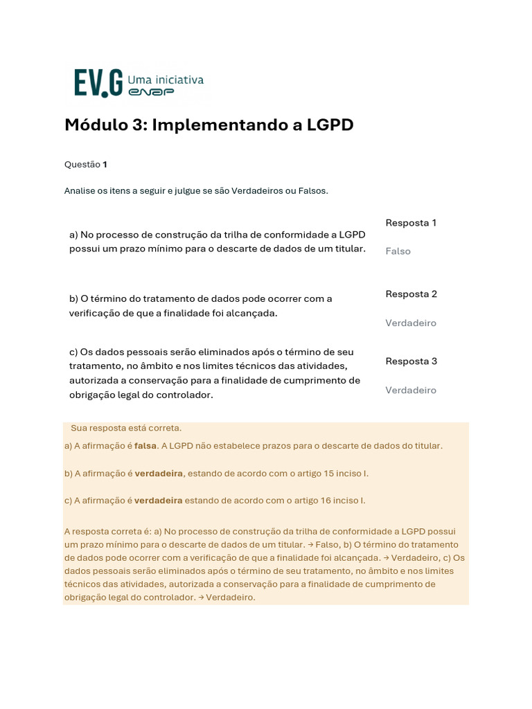 Lgpdesafios Exercício Avaliativo - Módulo 3 Implementando A LGPD | PDF ...