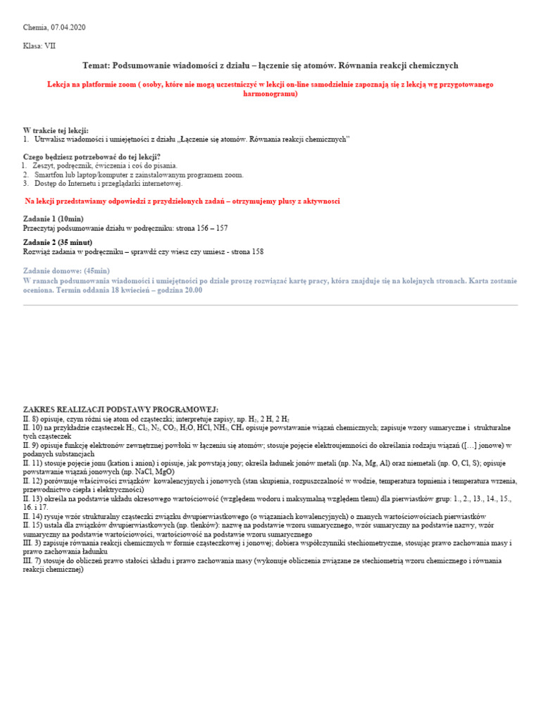 Temat: Podsumowanie Wiadomości Z Działu - Łączenie Się Atomów. Równania Reakcji Chemicznych | PDF