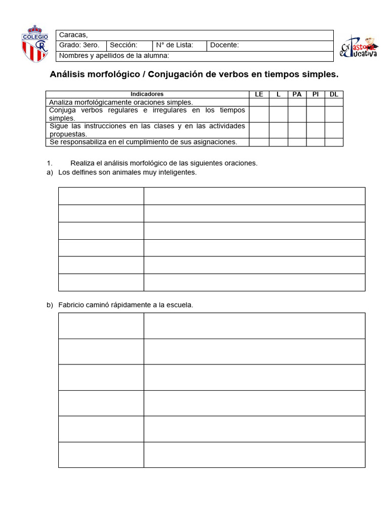 3er Grado. para Imprimir. Actividad 2. Repaso Análisis Morfológico y ...