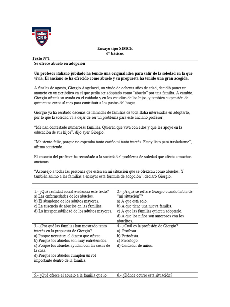 Ensayo SIMCE 6 Básico 3 | PDF | Vejez