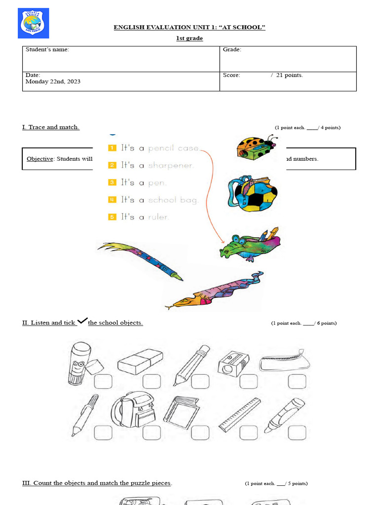 1st Grade. ENGLISH EVALUATION UNIT 1 | PDF