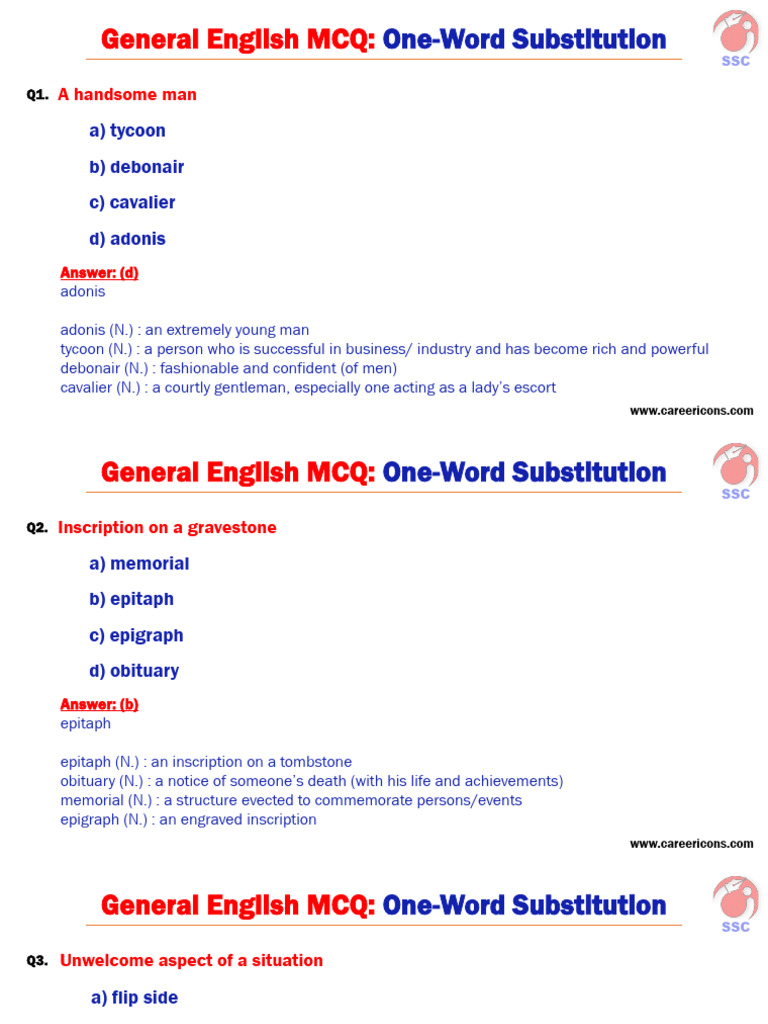 New One Word Substitution Questions and Answers PDF For Competitive Exams | PDF | Multiple Choice