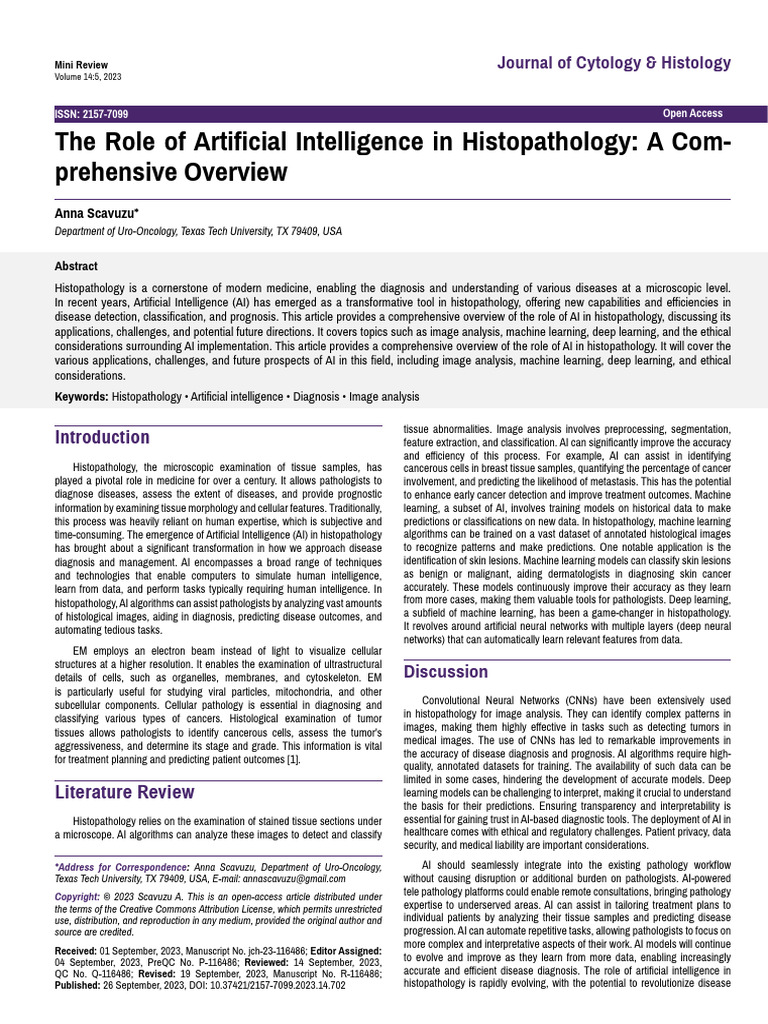 The Role of Artificial Intelligence in Histopathology A Comprehensive Overview | PDF | Pathology ...