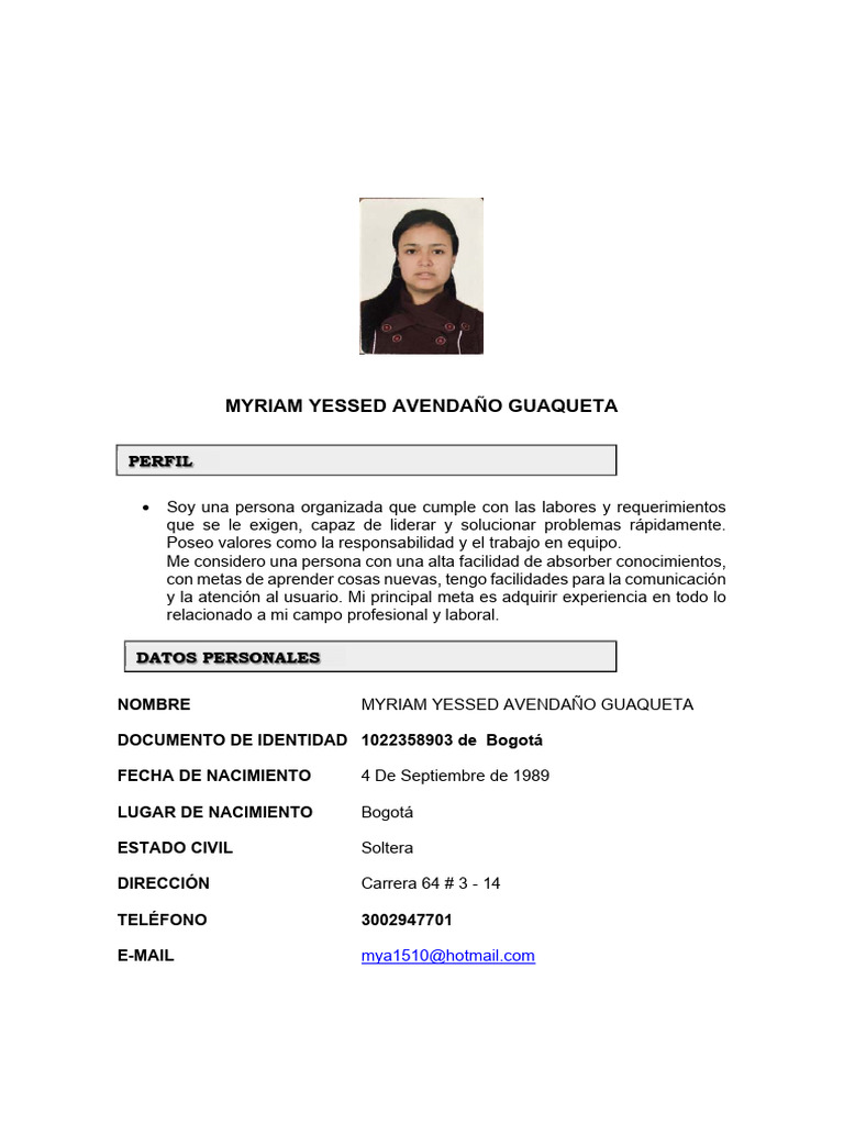 Hoja de Vida Myriam | Descargar gratis PDF | Bogotá
