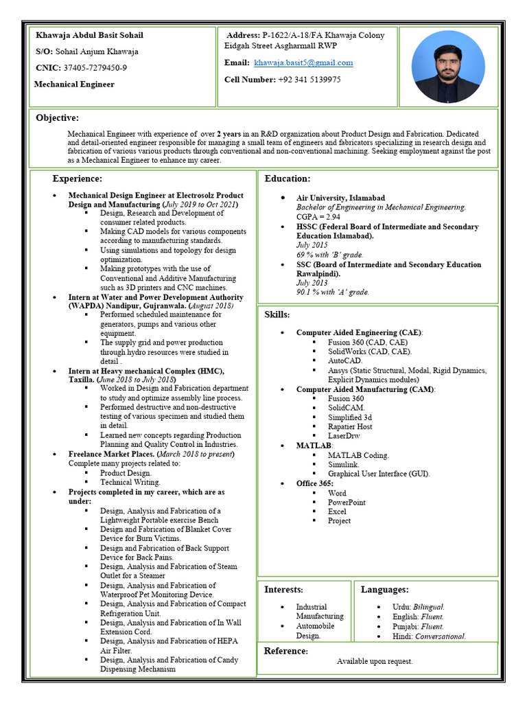 Khawaja Abdul Basit Resume | PDF | Mechanical Engineering | Computer Aided Design