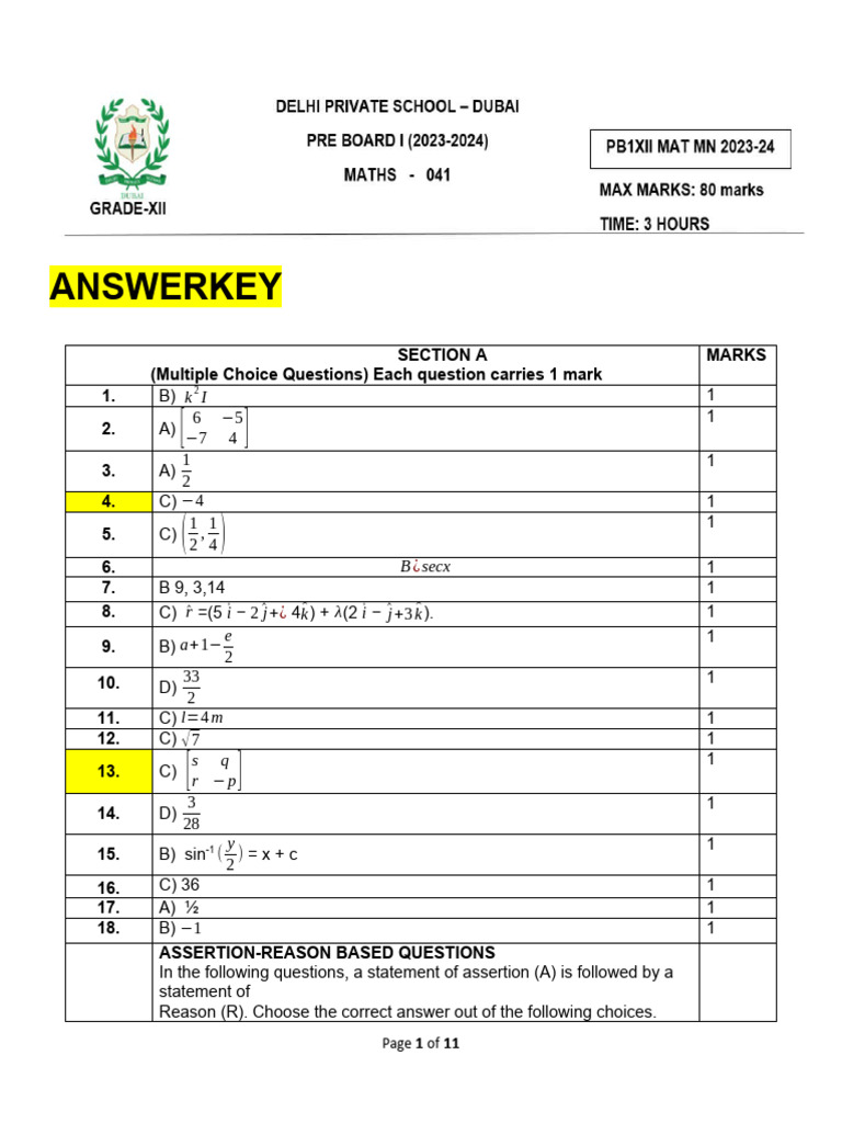 Final Mathematics A K Set 1 - Class XII - MATHEMATICS - PRE BOARD - 2023-2024 | PDF ...