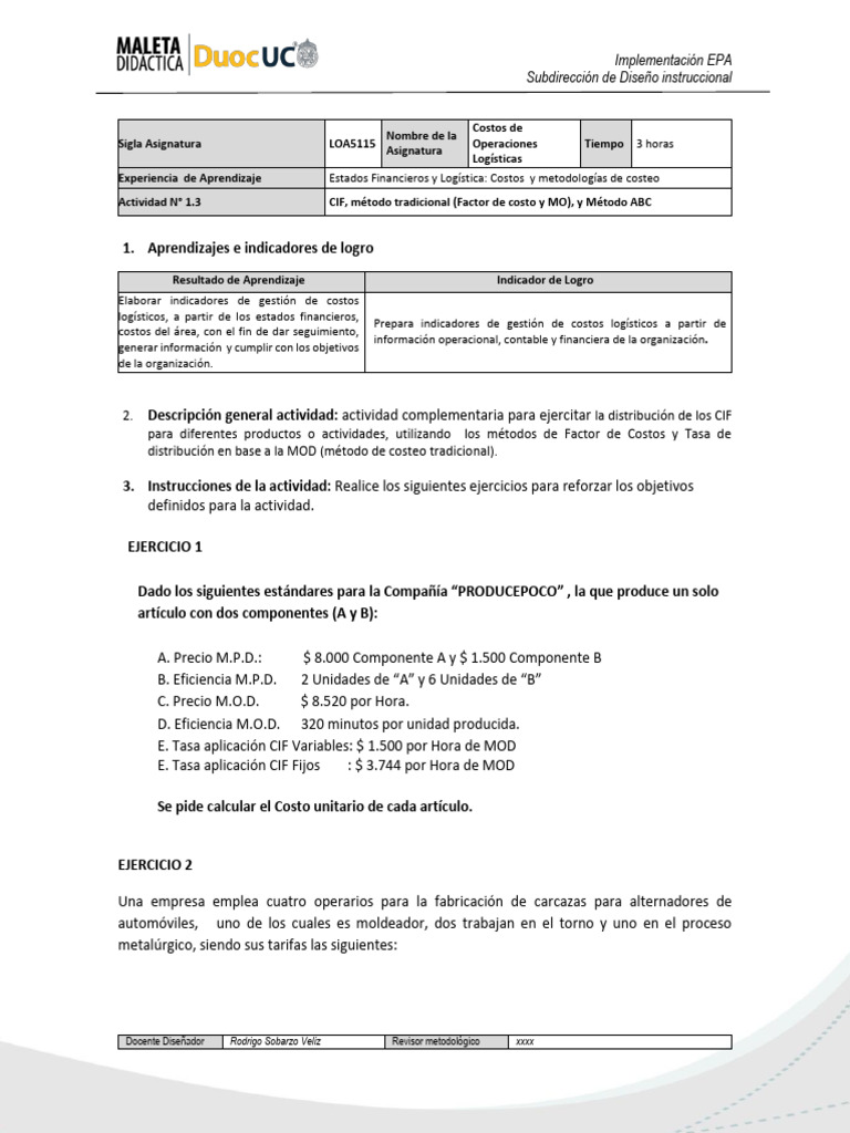 Actividad 1.3 Complementaria Método Trad Factor de Costo y MO, Y ABC | PDF | Logística
