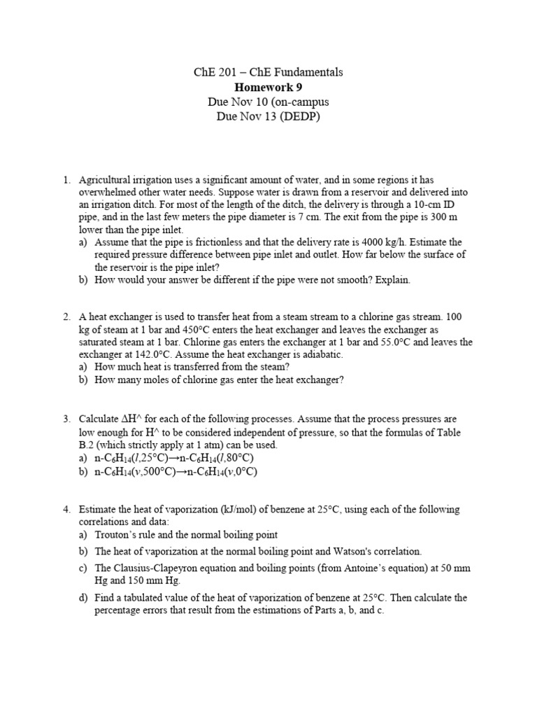 ChE 201 Homework 9: Fluid Mechanics & Heat Transfer | PDF | Science ...