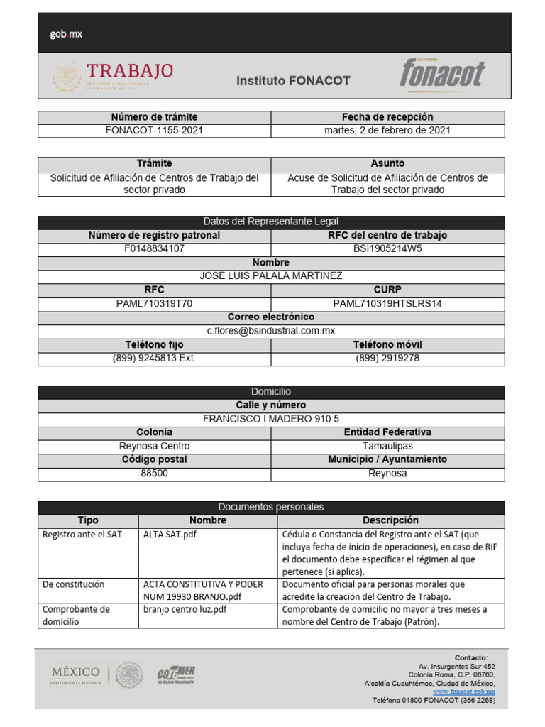 Acuse de Solicitud de Afiliación FONACOT | PDF