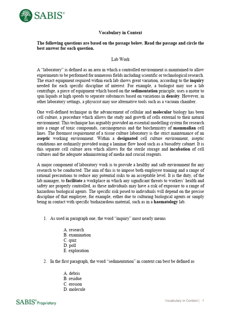 Vocabulary in Context - Lab Work | PDF | Cell Culture | Laboratories