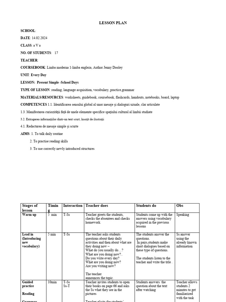 Lesson Plan Clasa A 5apresent Simple School Days | PDF | Human ...