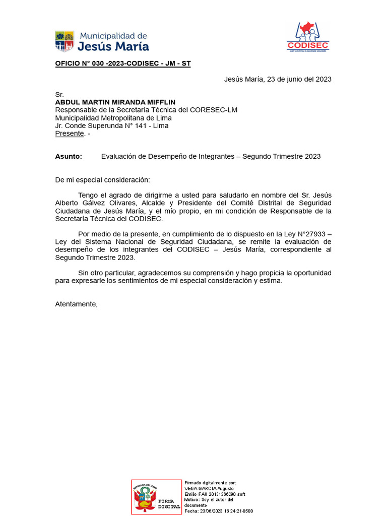 Oficio N°030-2023-CODISEC-JM-ST Eva Desempeño II Trim | PDF | Ley Pública | Servicios de emergencia
