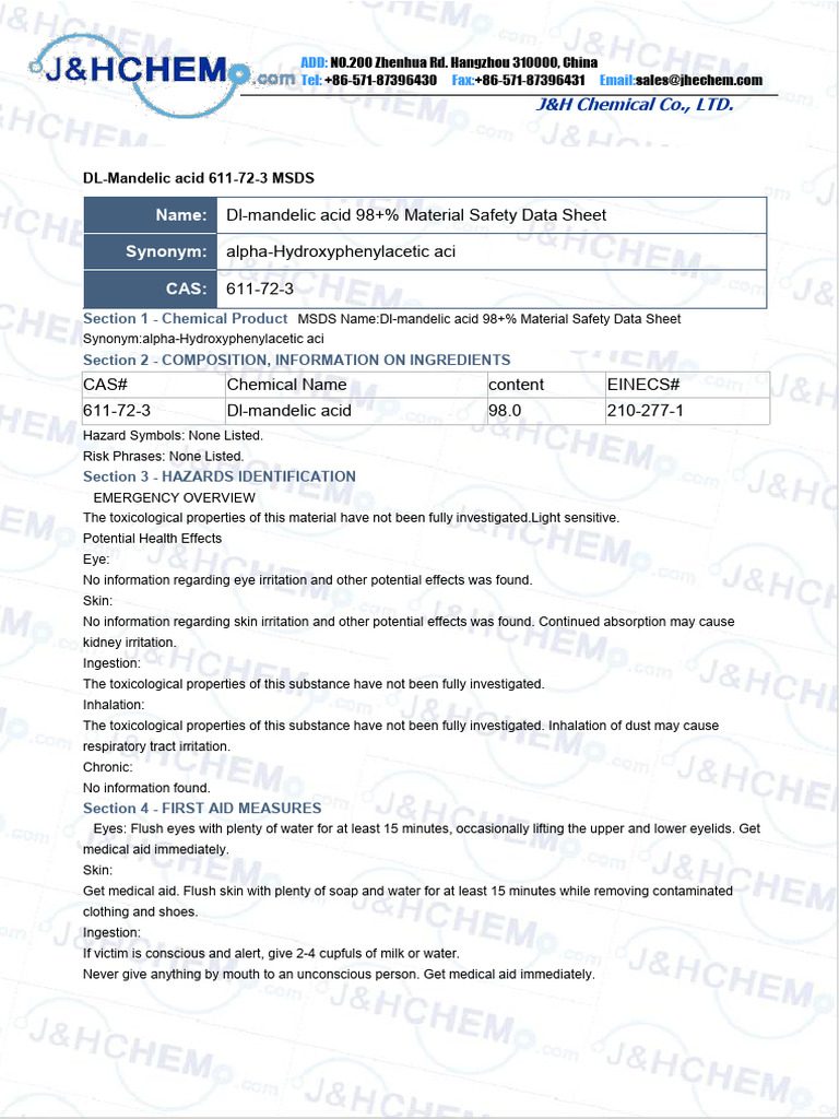 MSDS of J&H CHEM For DL-Mandelic Acid | PDF | Personal Protective ...