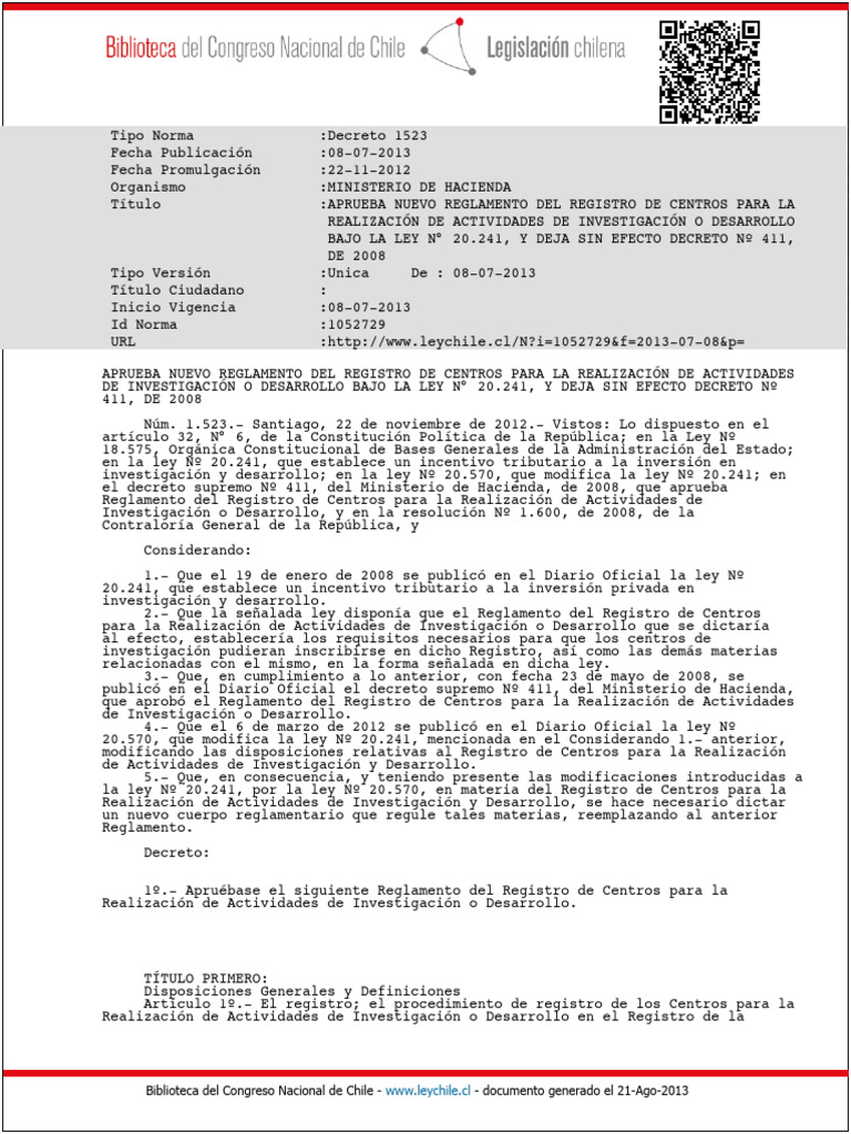 Reglamento Centros I+D Chile | PDF | Regulación | Documento de identidad