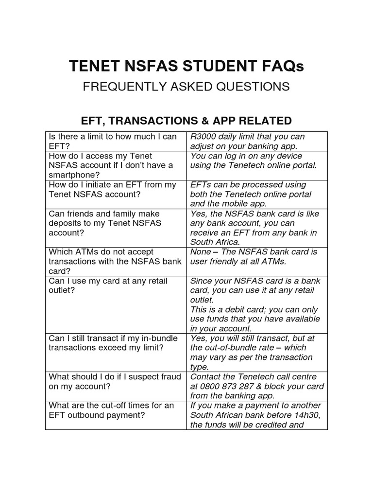 Tenet NSFAS Student FAQs Guide | PDF | Banks | Debit Card