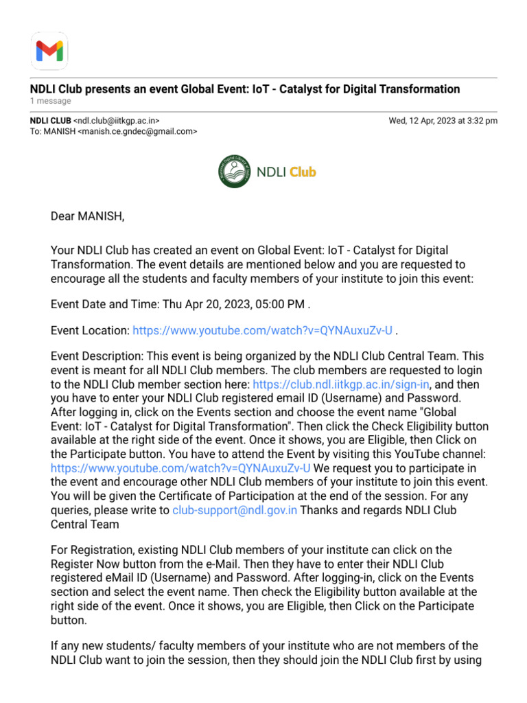 NDLI Club: IoT Event Invitation | PDF | Login | World Wide Web
