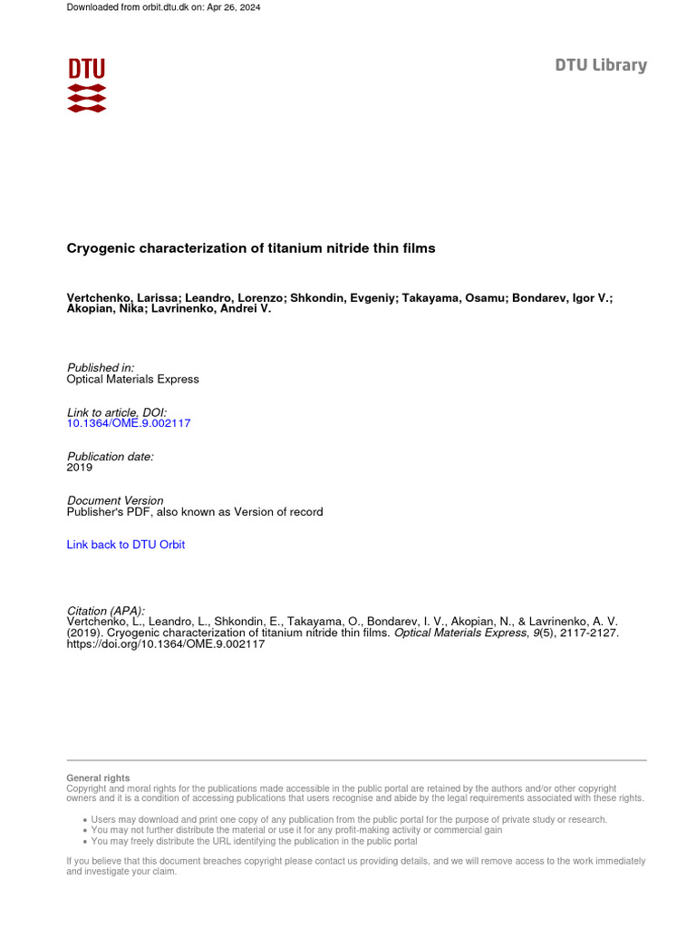 Cryogenic Characterization of Titanium Nitride Thin Films | PDF ...