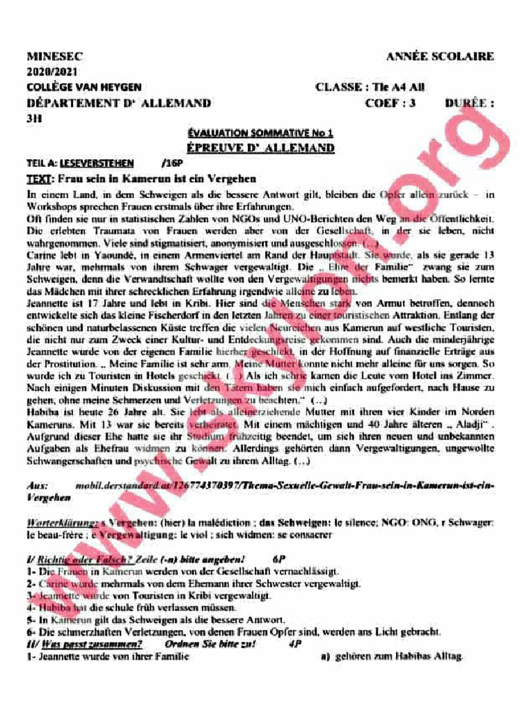 Epreuve Dallemand Tle A4 College Van Heygen | PDF