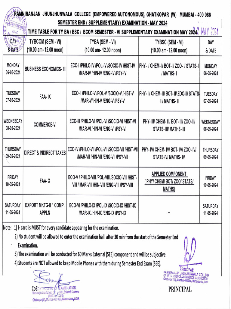 Ty Supplementary Exam Time Table May - 2024 | PDF