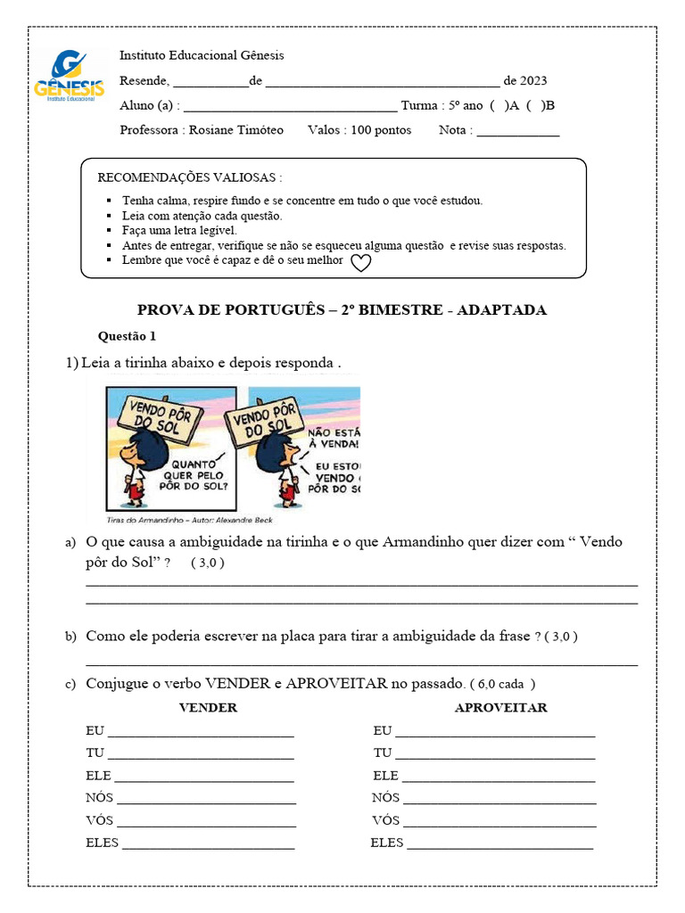 Prova de Português - 5º Ano - Adaptada | PDF | Assunto (gramática) | Idiomas
