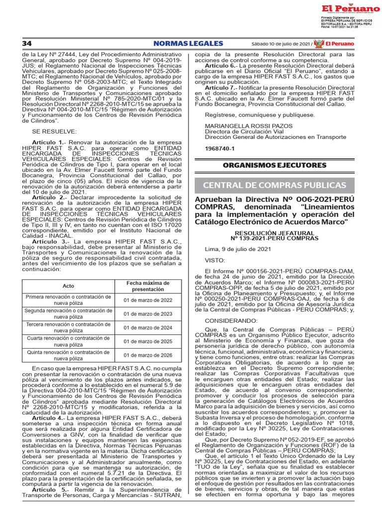 Directiva 006-2021-PERU COMPRAS Compras Por Acuerdo Marco | PDF | Póliza de seguros | Perú