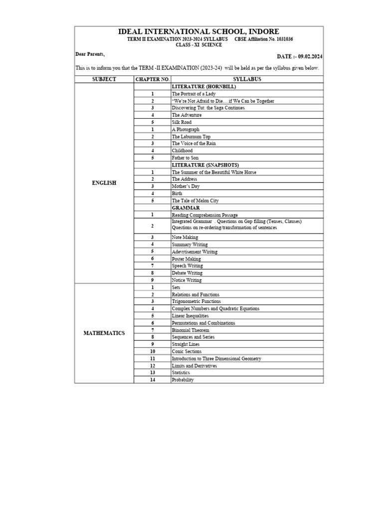 Class Xi Science Time Table & Syllabus Term Ii 2023-24 | PDF ...