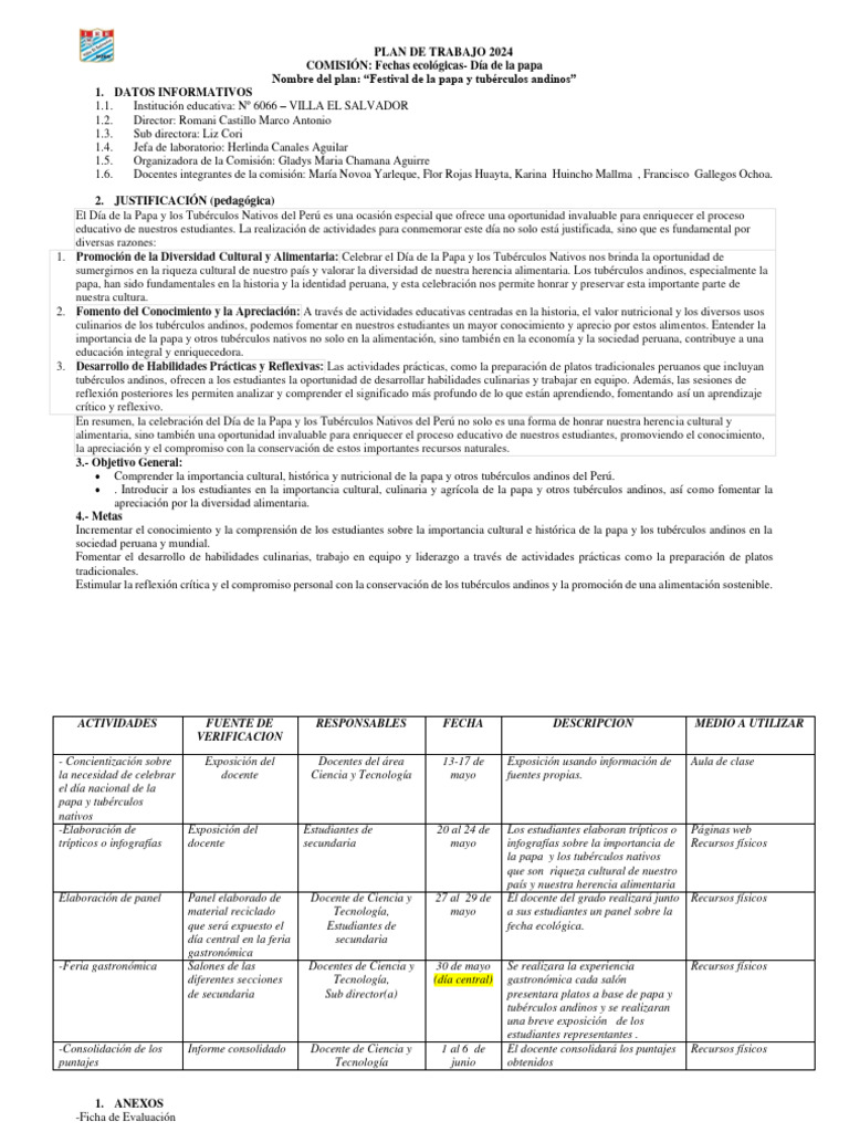 PLAN DE Trabajo Del Dia de La Papa | PDF | Patata | Perú