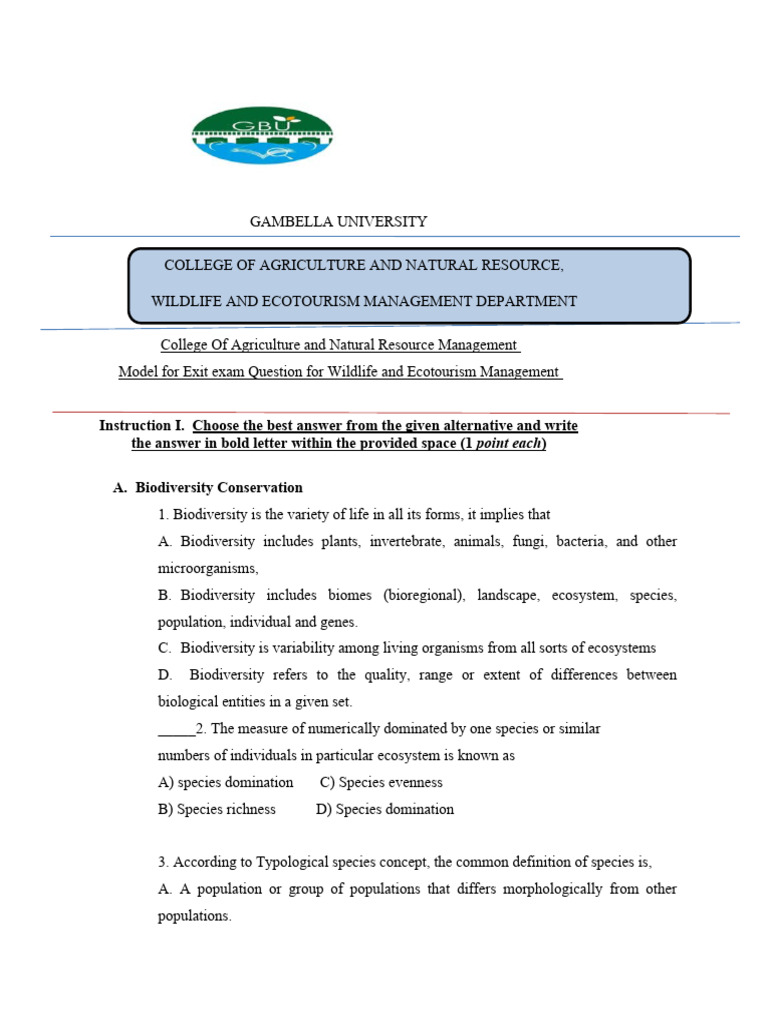 Wildlife and Ecotourism Exam Model | PDF | Species | Tourism