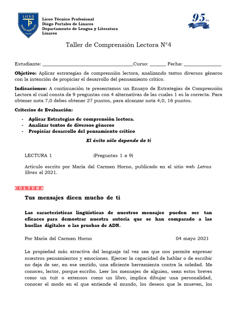 Taller De Comprensión Lectora 4 Ok Pdf Lingüística Comprensión