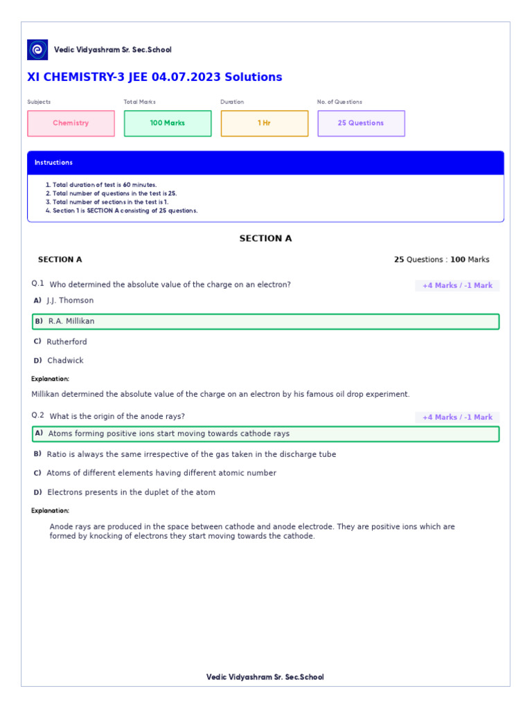 Xi Che-3 Jee Solutions 4.07.2023 | PDF | Atoms | Cathode