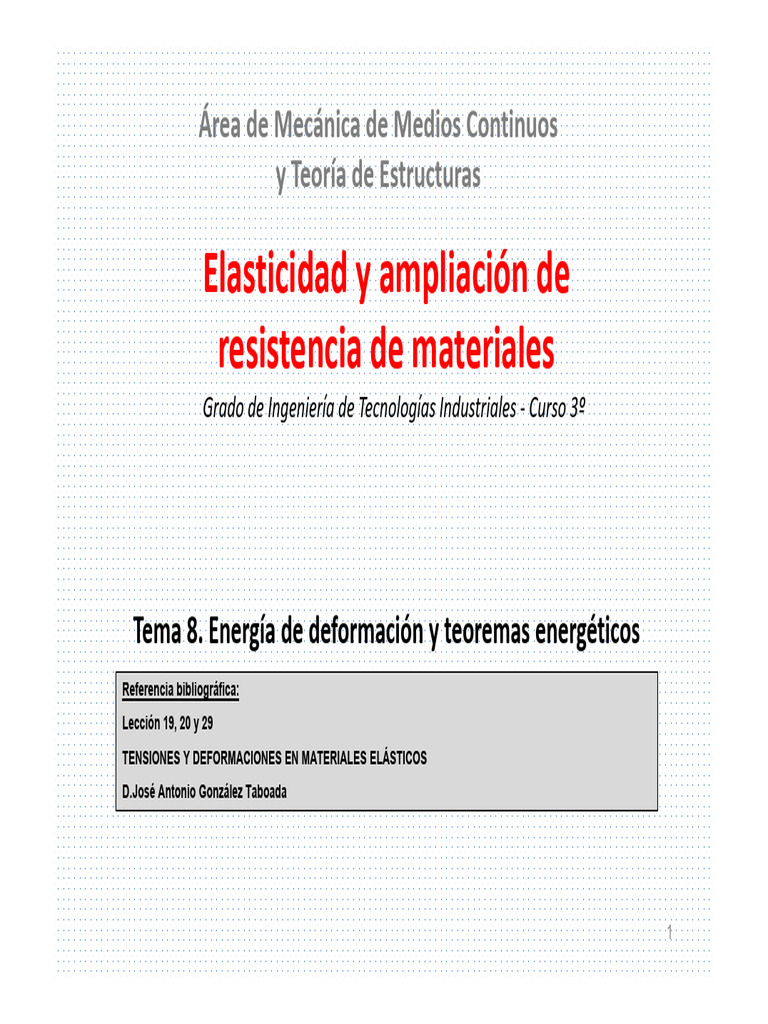 TEMA 8 - Energía de Deformación y Teoremas Energéticos | PDF | Elasticidad (Física) | Estrés ...
