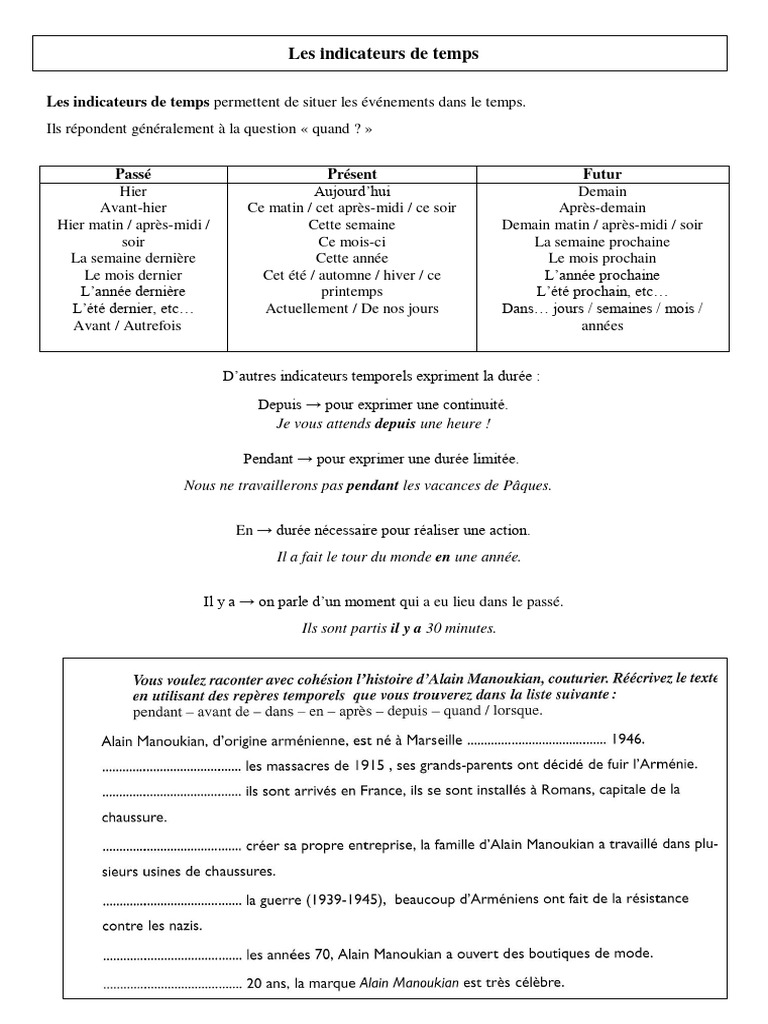 Les Indicateurs de Temps Leçon + Exercices | PDF | Arts du langage et ...