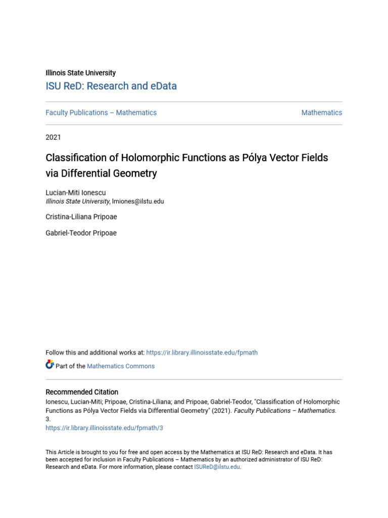Classification of Holomorphic Functions As Pólya Vector Fields Via Differential Geometry | PDF ...