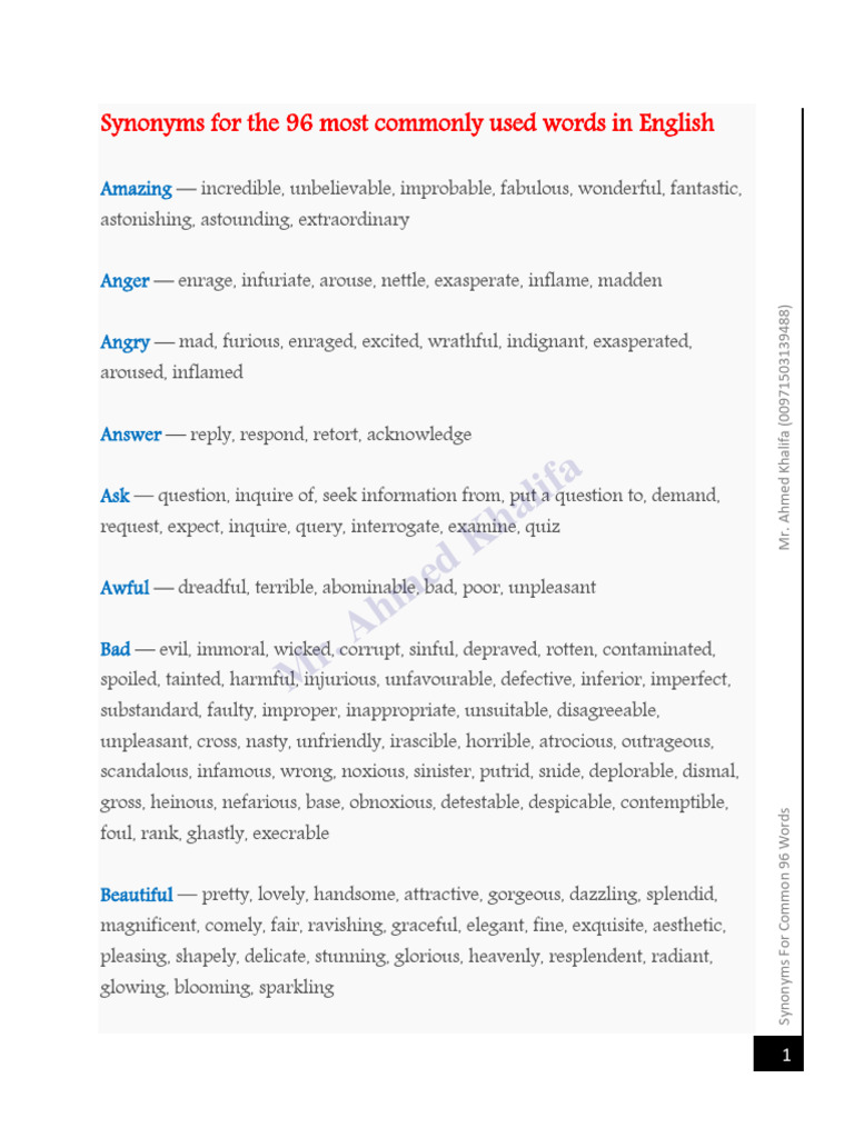 Synonyms For Common 96 Words | PDF | Emotions | Psychology