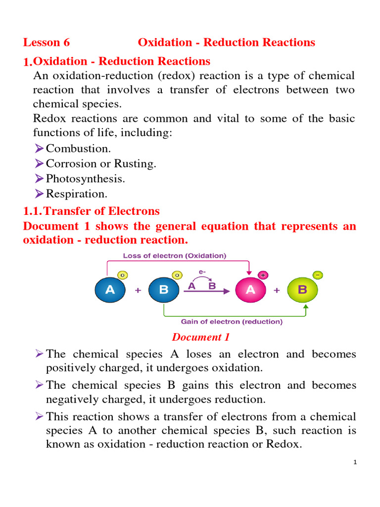 Lesson 6 Redox Reactions - 240515 - 230326 | PDF | Redox | Chemistry