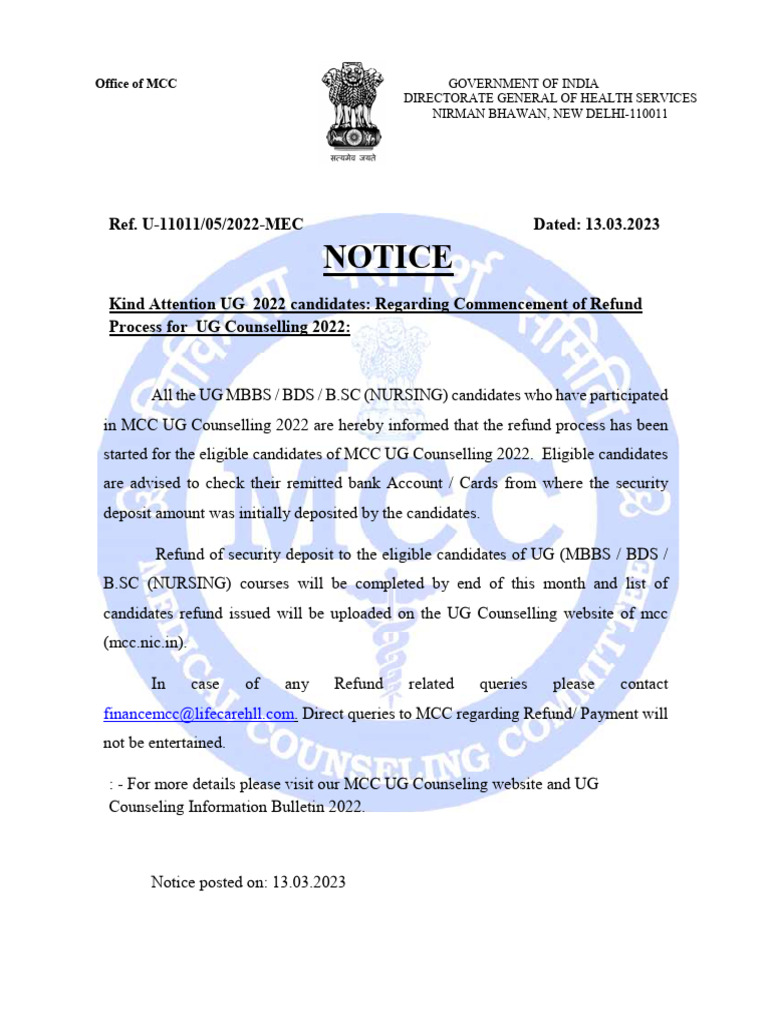 UG Counselling 2022 Refund Process Notice | PDF | Business | Technology ...