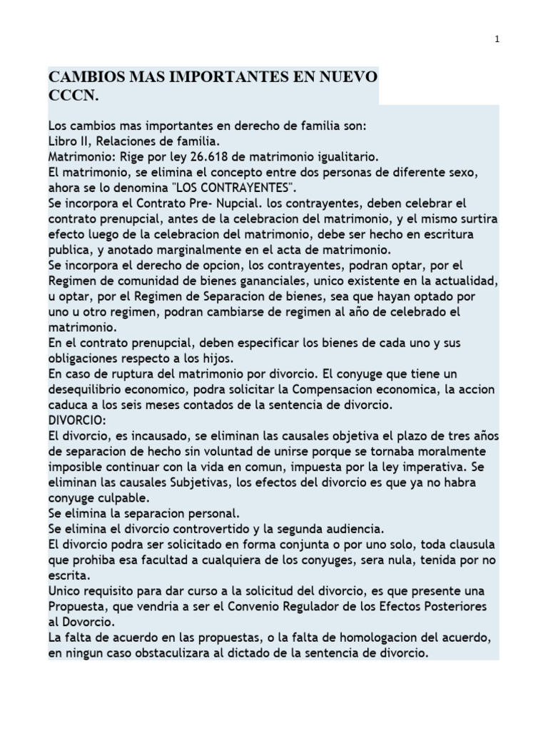 Cambios Mas Importantes en Nuevo CCCN | PDF | Divorcio | Ley familiar Cambios Mas Importantes en Nuevo CCCN | PDF | Divorcio | Ley familiar