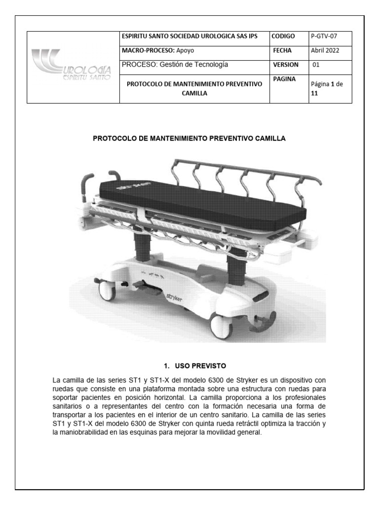 Protocolo de Mantenimiento Preventivo Camilla | Descargar gratis PDF | Hospital