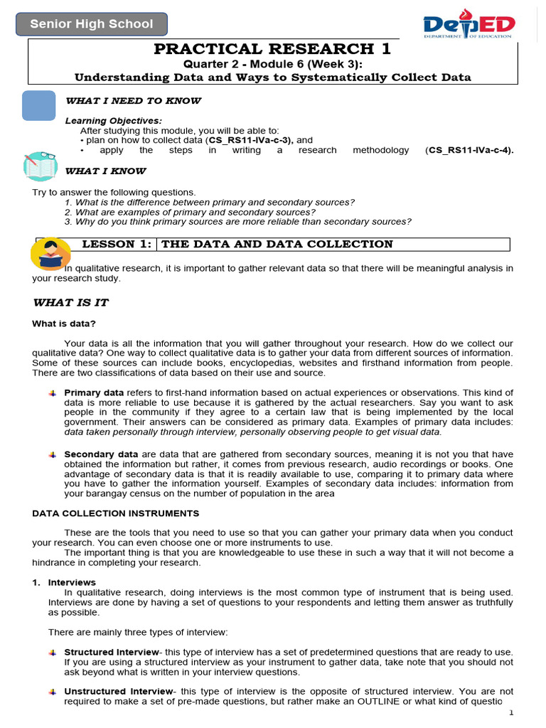 Practical Research1 Q2 M6 and M7 Week 3 4 | PDF | Questionnaire | Data