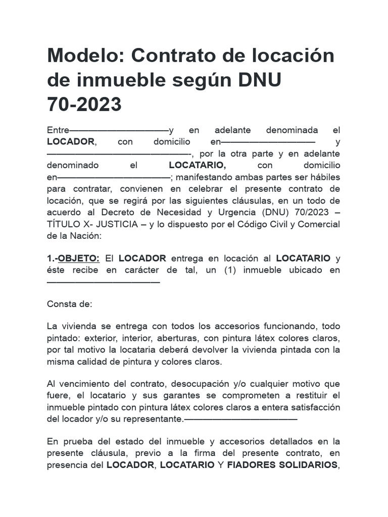 Contrato de Locación de Inmueble Según DNU 70-2023 | PDF | Seguro | Póliza de seguros
