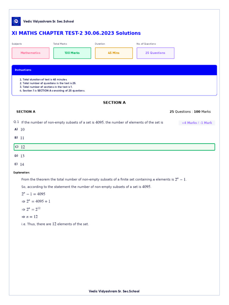 11 Maths-2 Solutions-30.06.2023 | PDF | Empty Set | Mathematical Objects