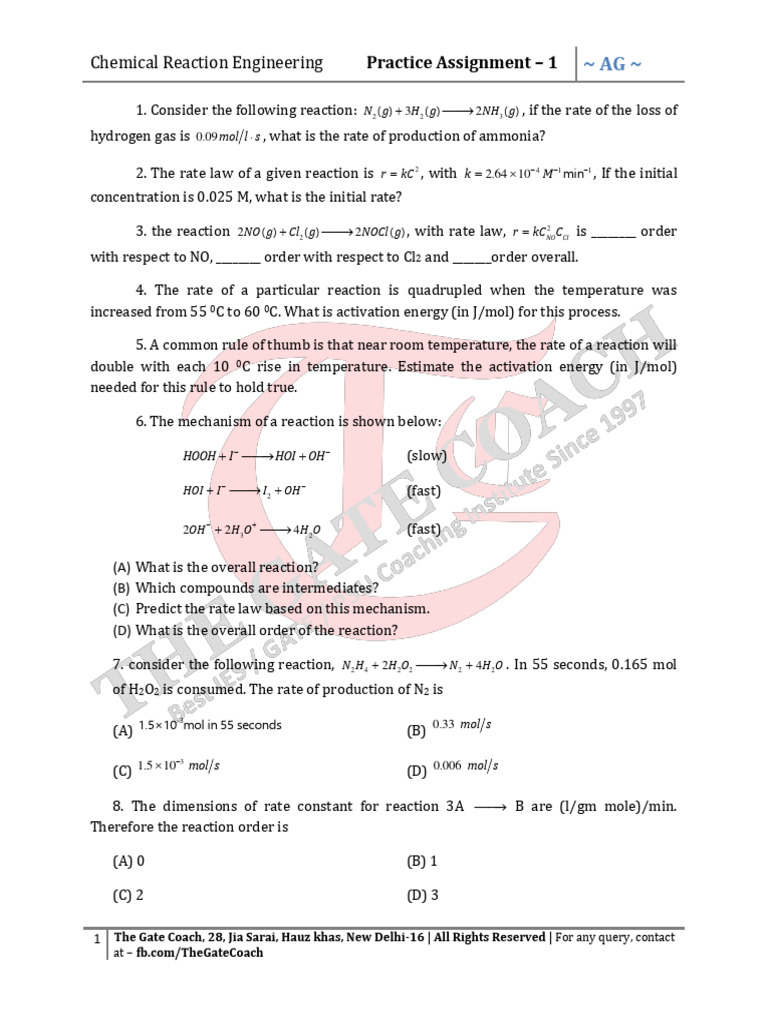 CRE Assignment - 1 (Kinetics - Rate Constant and Mole Balance Over ...
