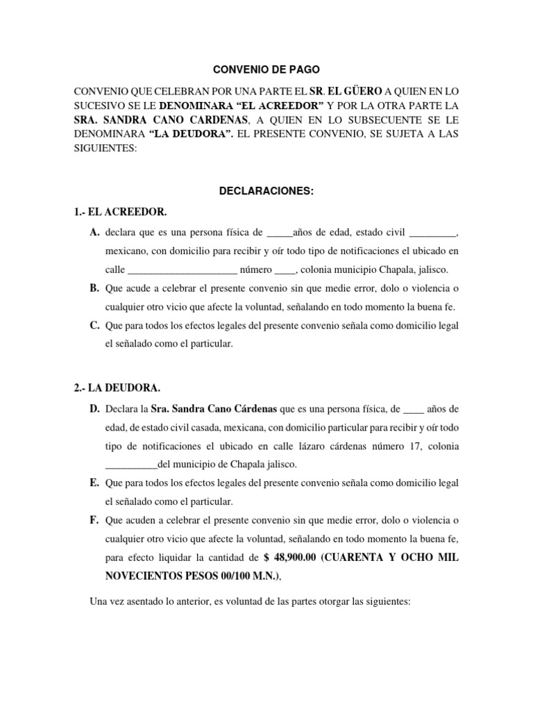 Convenio de Pago entre Acreedor y Deudora | PDF | Pagos