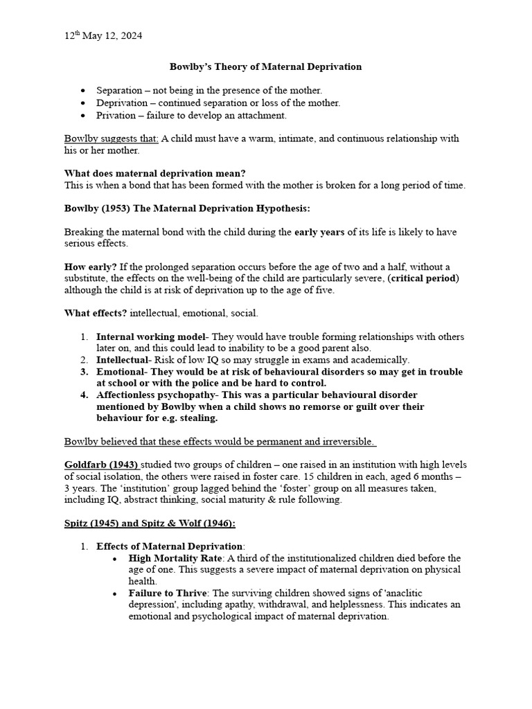 Bowlby's Theory of Maternal Deprivation | PDF | Attachment Theory ...