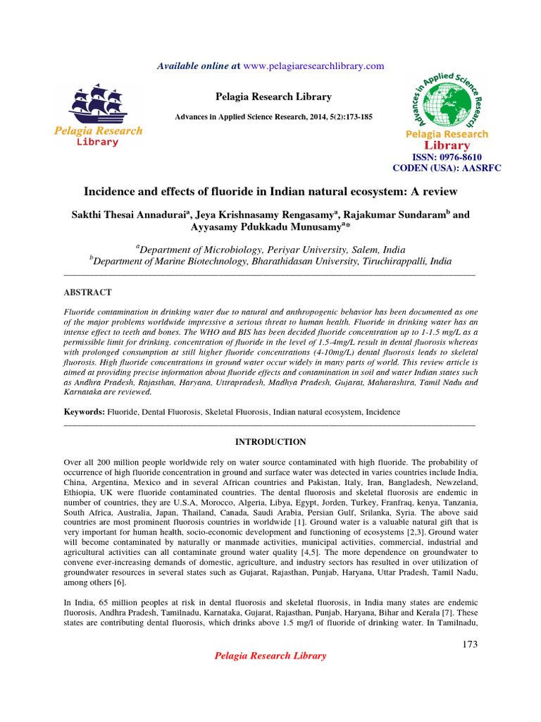 Incidence and Effects of Fluoride in Indian Natural Ecosystem A Review ...