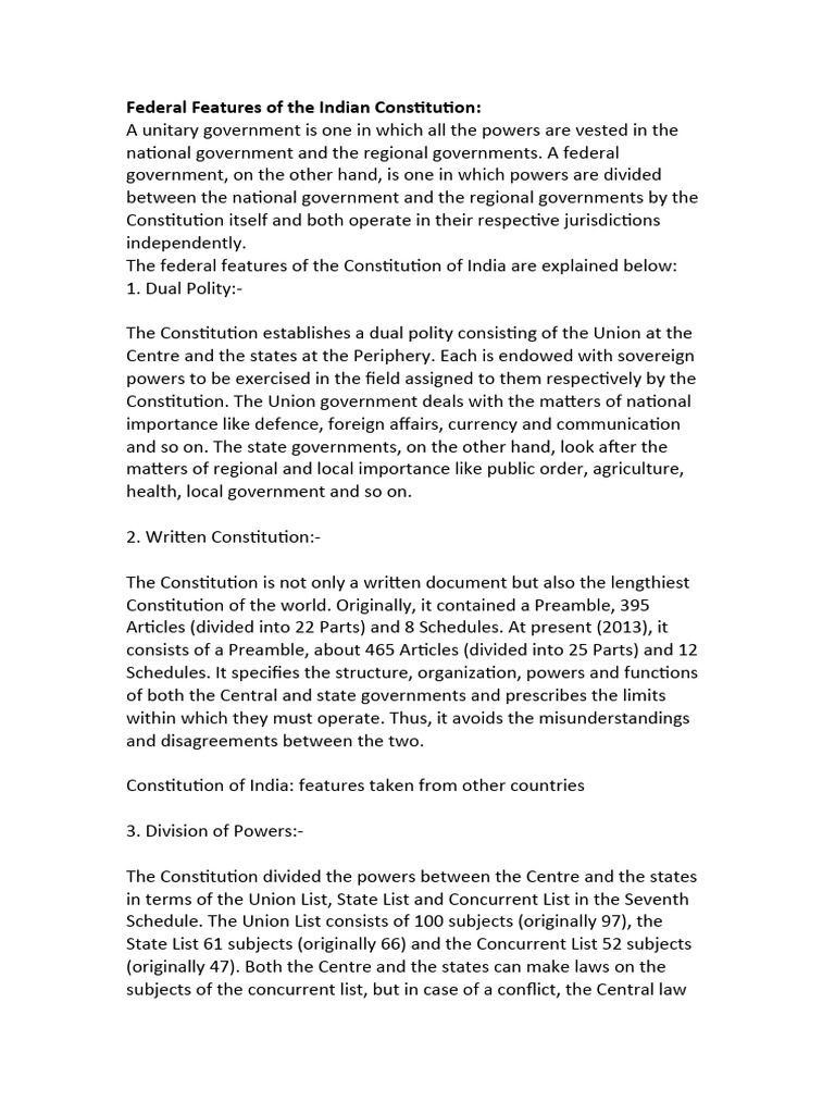 Indian Constitution Federal Features | PDF | Judicial Review | Constitution