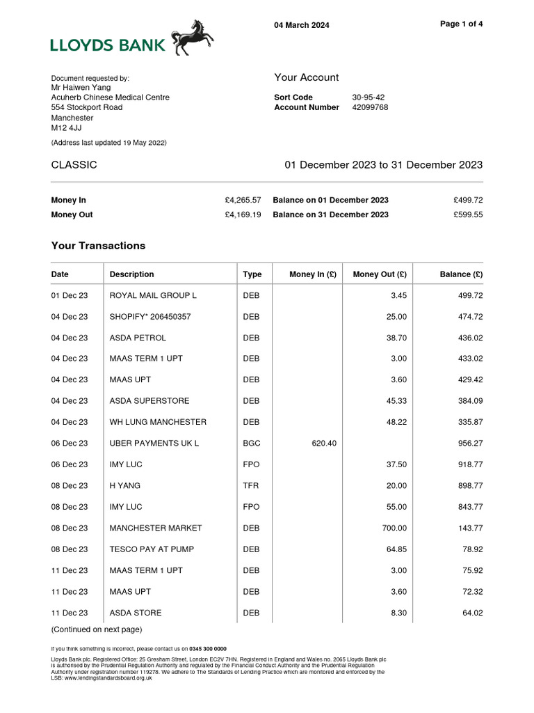 Mr. Yang's December Bank Statement | PDF | Banks | Personal Finance