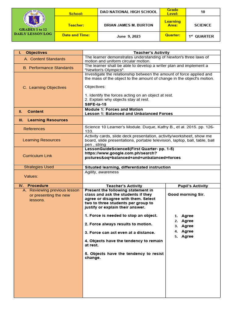 Grade 10 Physics Lesson Plan | PDF | Force | Friction